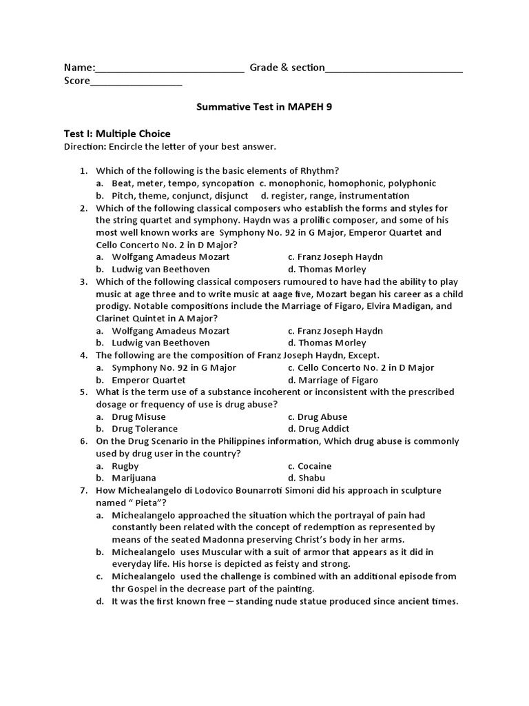 Summative Test in MAPEH 9 Test I: Multiple Choice | PDF | String ...