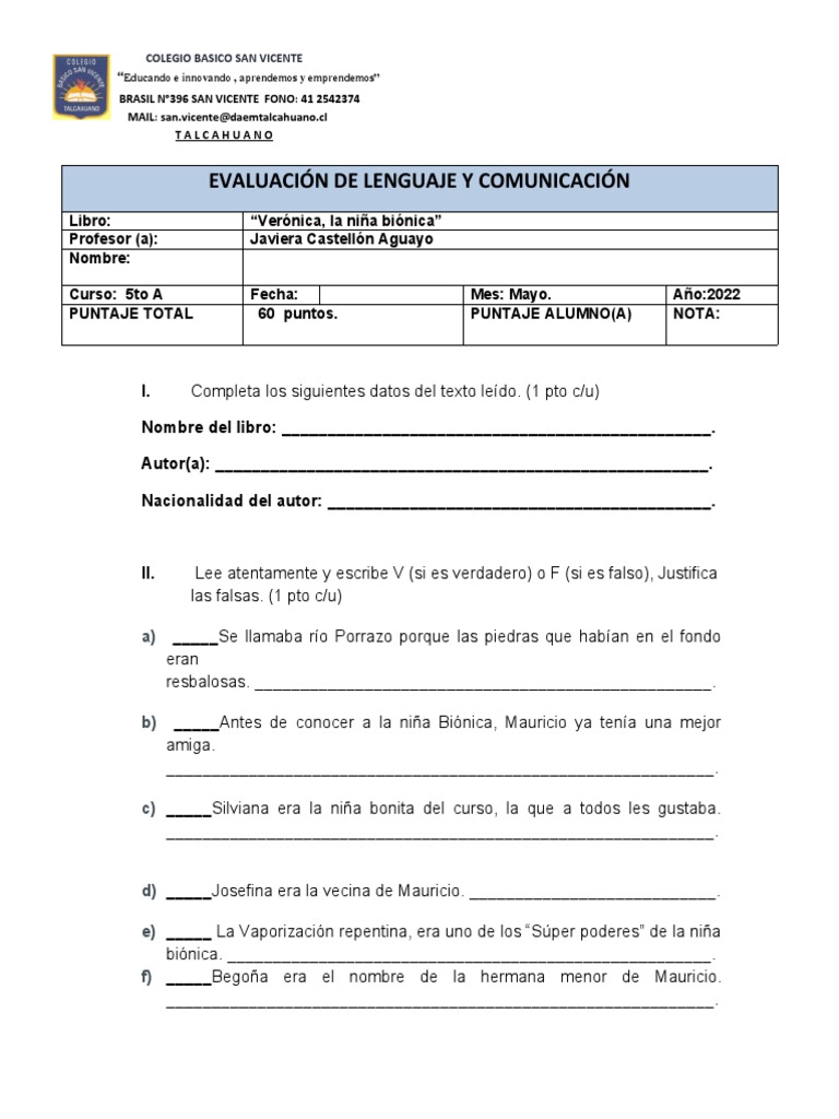 Evaluación Lectura Verónica La Niña Biónica | PDF