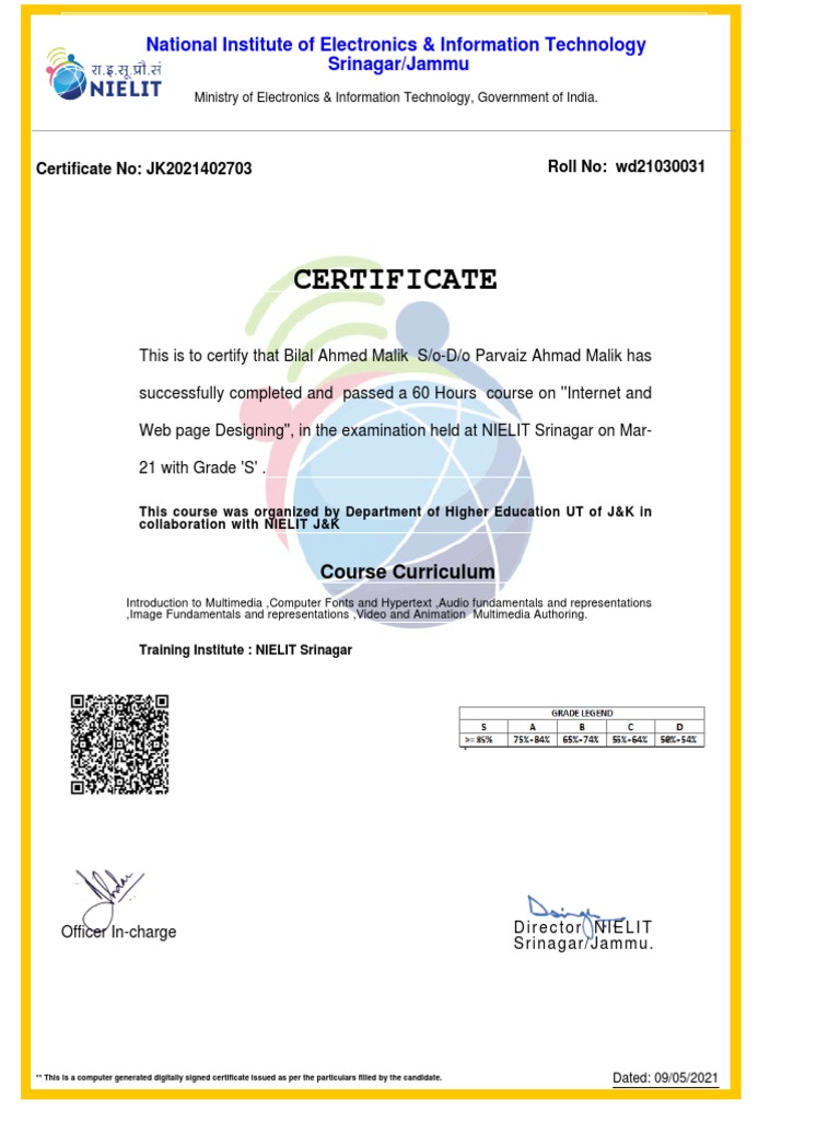 Certificate: National Institute of Electronics & Information Technology ...