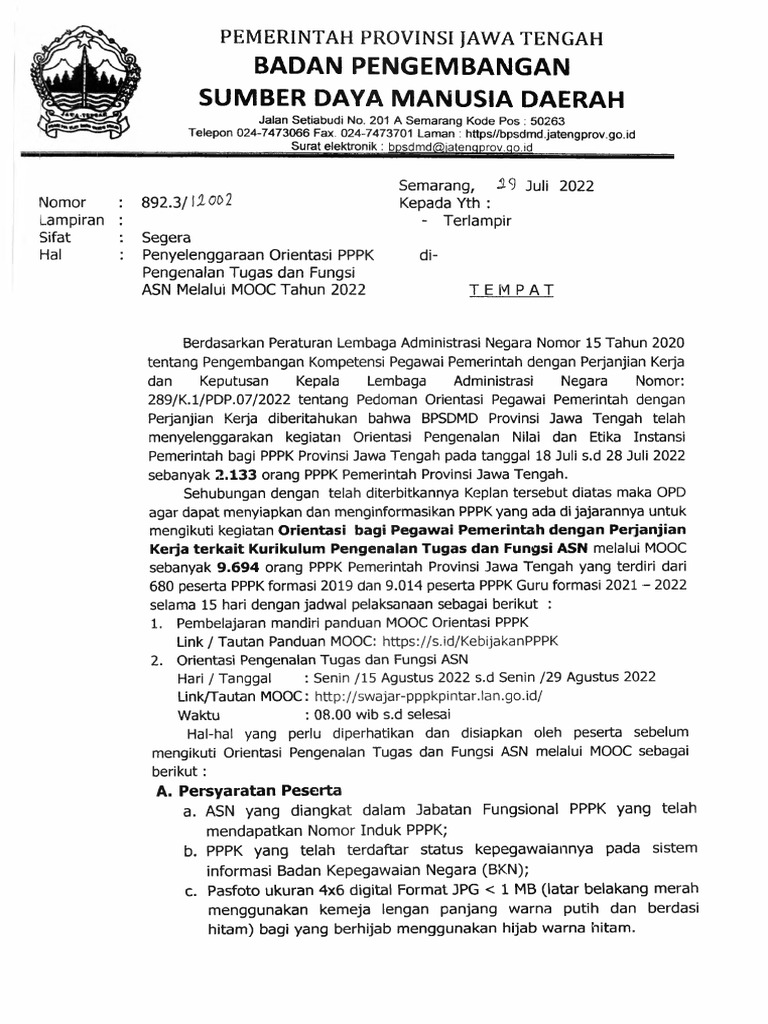 Penyelenggaraan Orientasi PPPK Pengenalan Tugas Dan Fungsi ASN Melalui | PDF