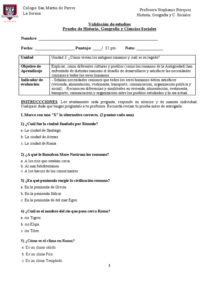 Prueba de Historia y Geografía. N°5 Civilización Romana Validación | PDF | Roma antigua ...