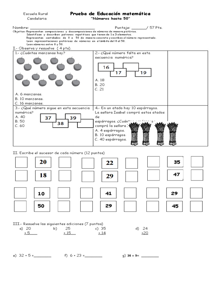 Prueba de Matemáticas: Números hasta 50 | PDF