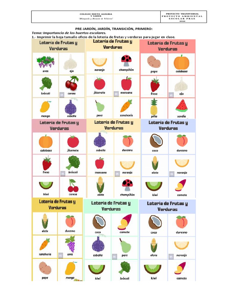 Loteria de Frutas y Verduras | PDF