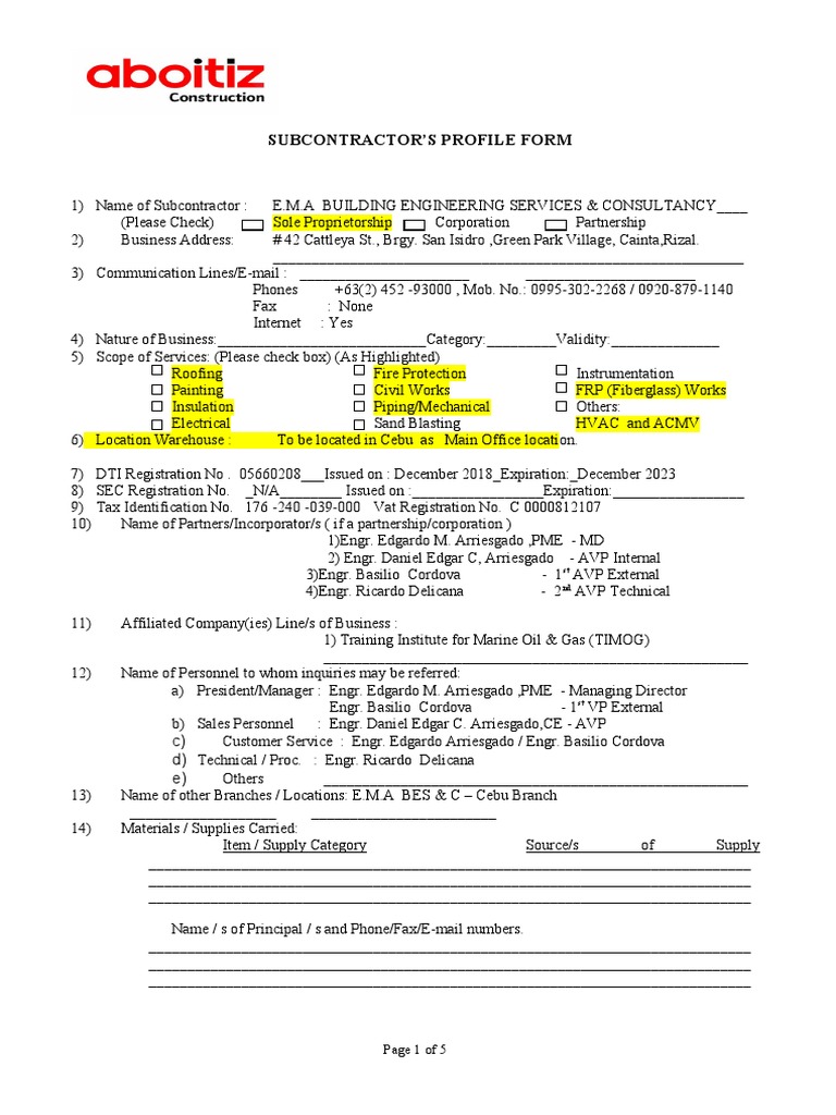 Aboitiz Subcontractor's Profile Form | PDF | Economies | Business