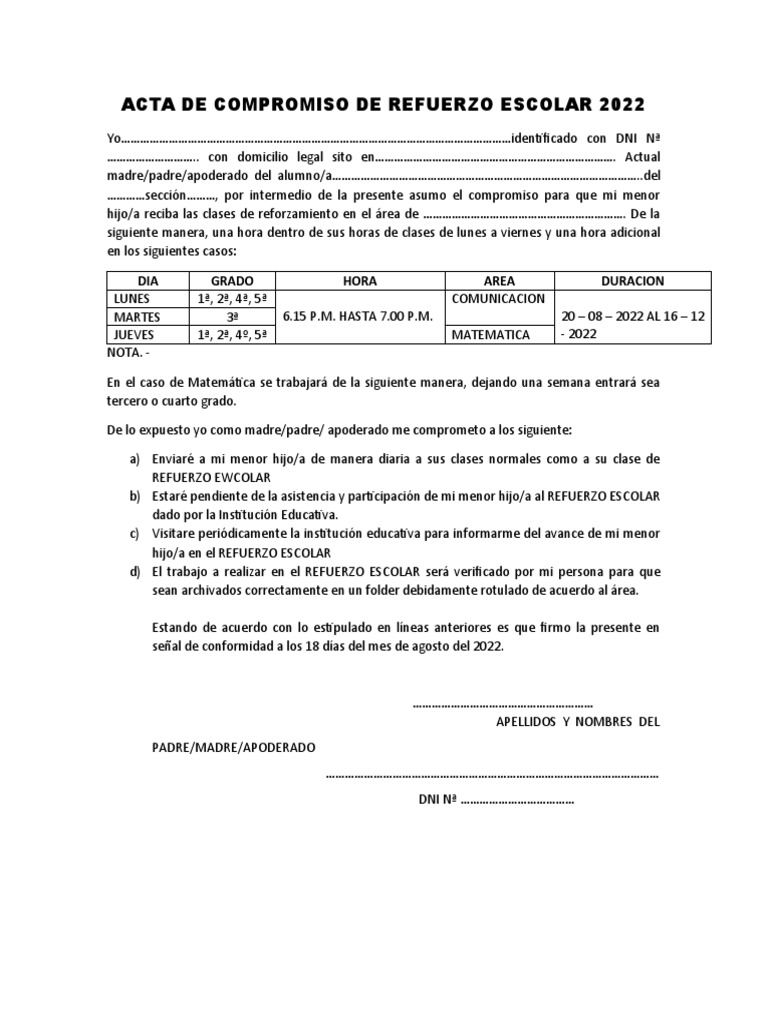 Acta de Compromiso de Refuerzo Escolar 2022 | PDF