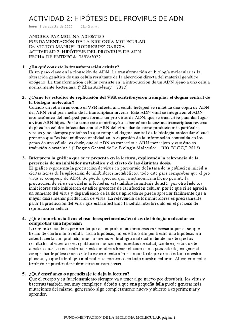 Actividad 2 Hipótesis Del Provirus de Adn | PDF | Virus | Adn