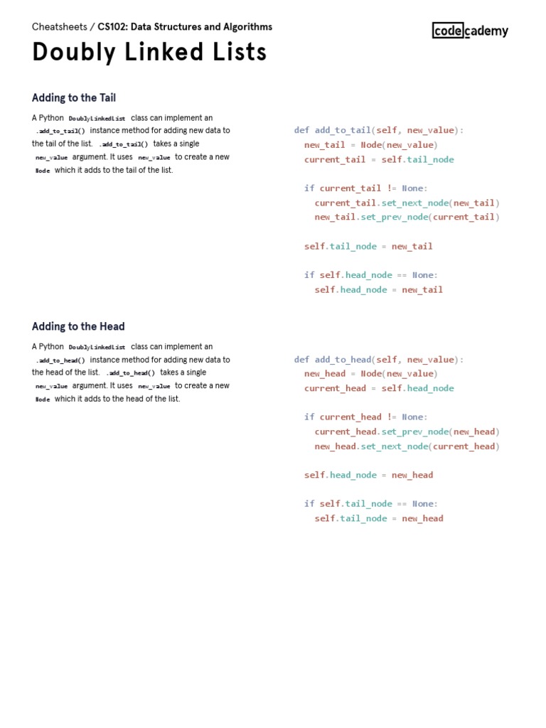 CS102 - Data Structures and Algorithms - Doubly Linked Lists Cheatsheet - Codecademy | PDF ...