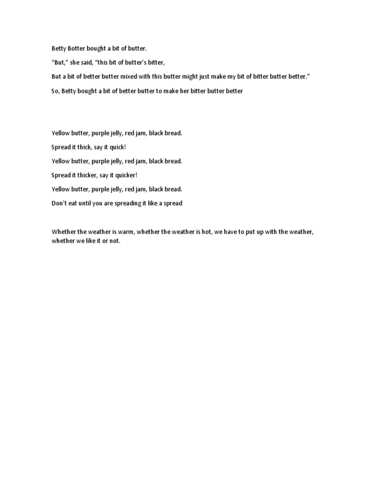 Betty Botter's Butter Tongue Twister | PDF | Cooking, Food & Wine ...