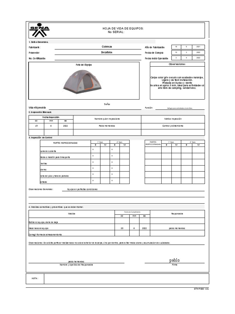 Formato Hoja De Vida Equipos Pdf