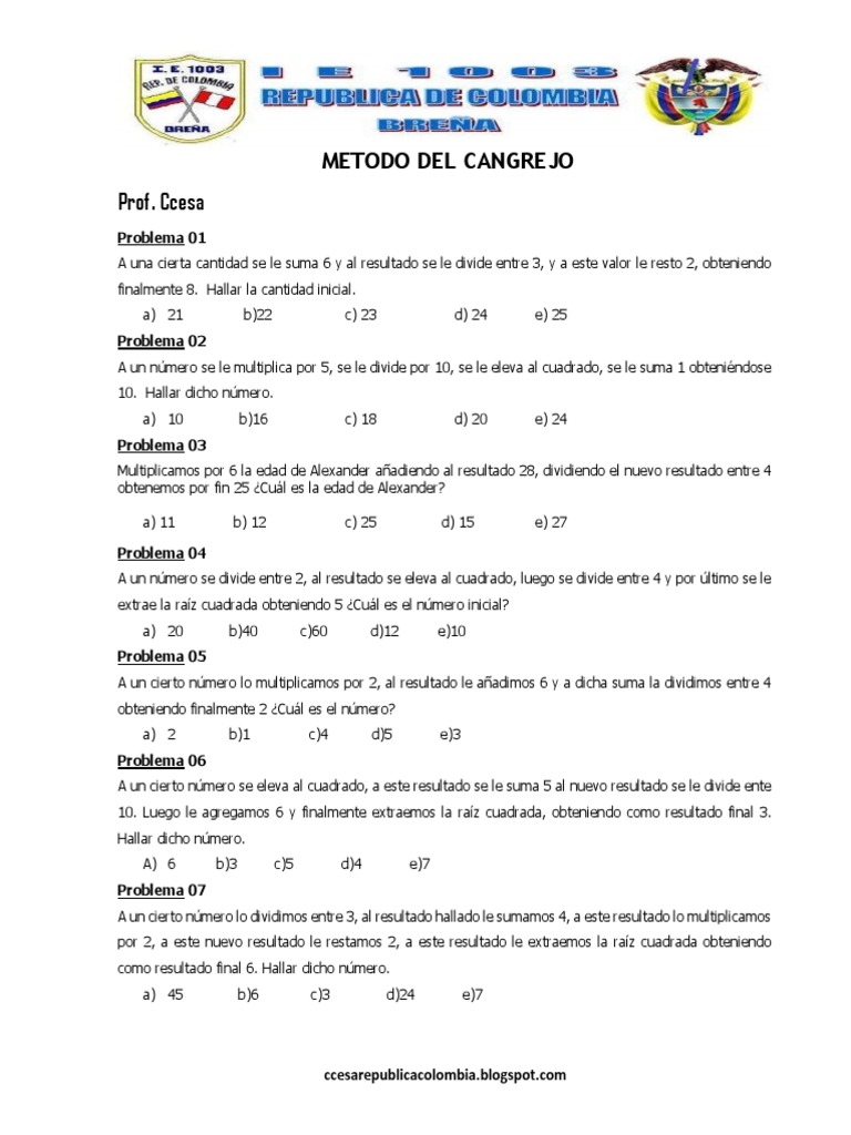 Problemas Propuestos Metodo Del Cangrejo C3 Ccesa007 | PDF | Matemática ...