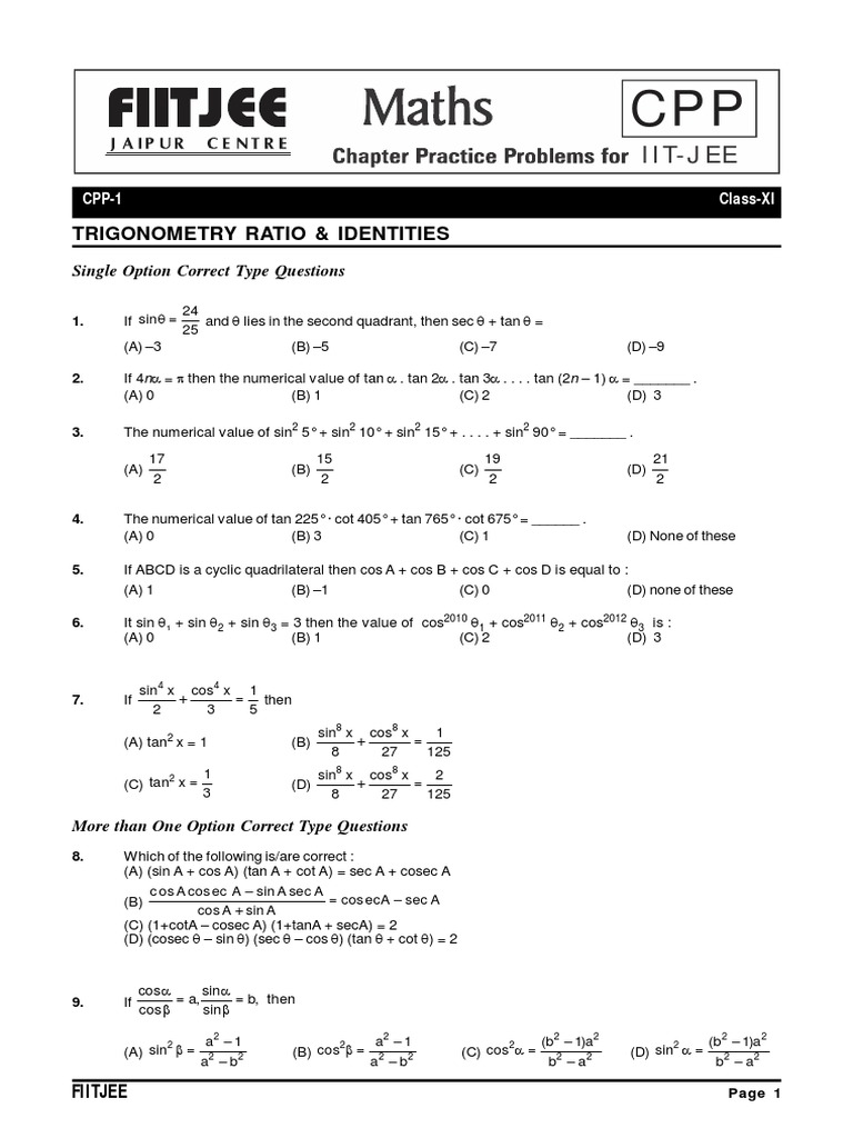 JEE Trigonometry Questions and Solutions | PDF | Trigonometric ...