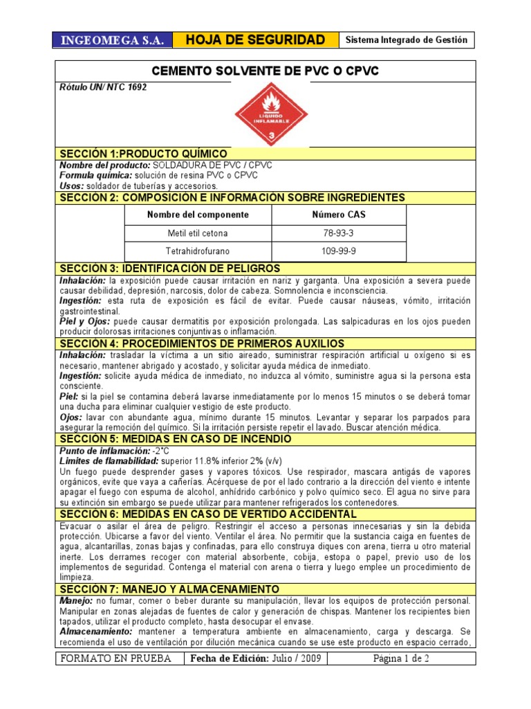 HS Cemento Solvente PVC | PDF | Contaminación | Agua