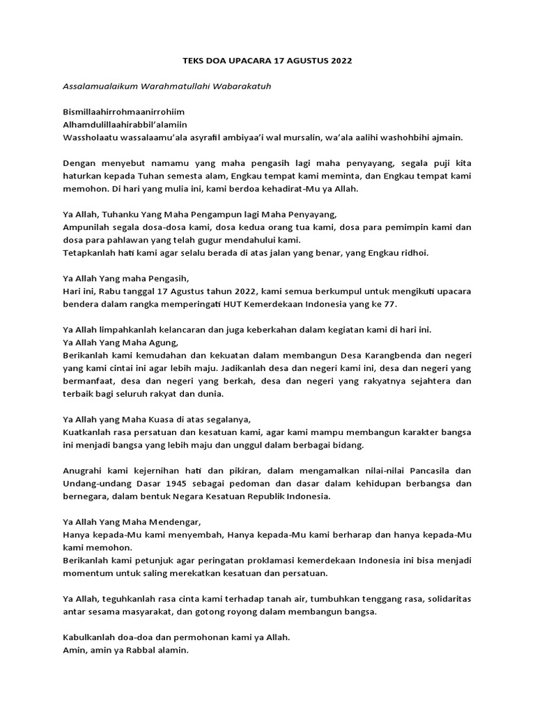 Teks Doa Upacara 17 Agustus 2022 | PDF | Kajian Bahasa Asing