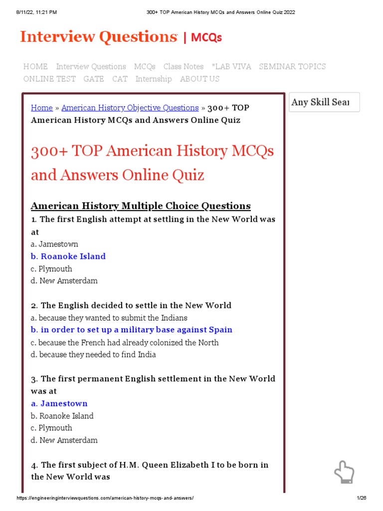 300+ Top American History Mcqs and Answers Online Quiz | PDF ...