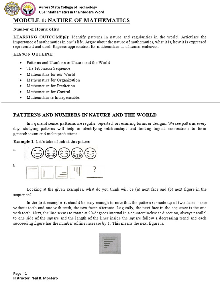 Module 1: Nature of Mathematics: Patterns and Numbers in Nature and The World | Download Free ...