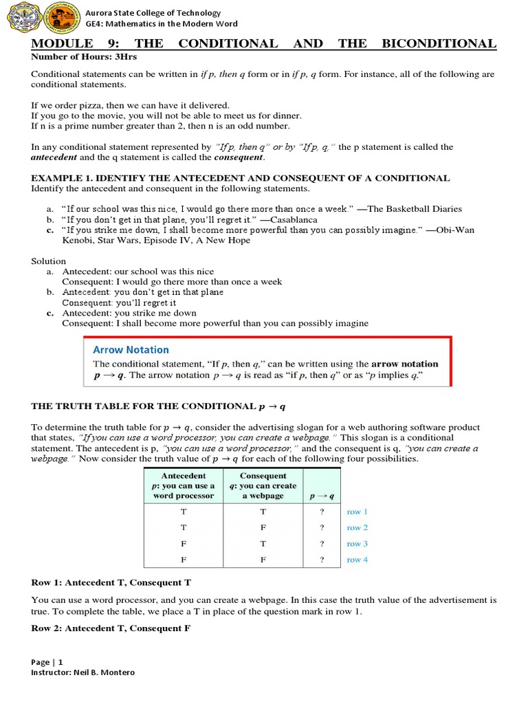 Module 9: The Conditional and The Biconditional: Antecedent and The Q Statement Is Called The ...