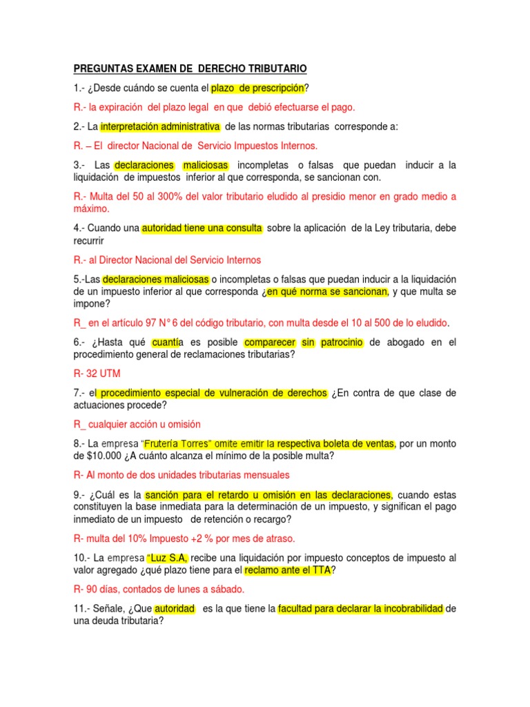Preguntas Examen de Derecho Tributario | PDF | Impuestos | Multa (pena)