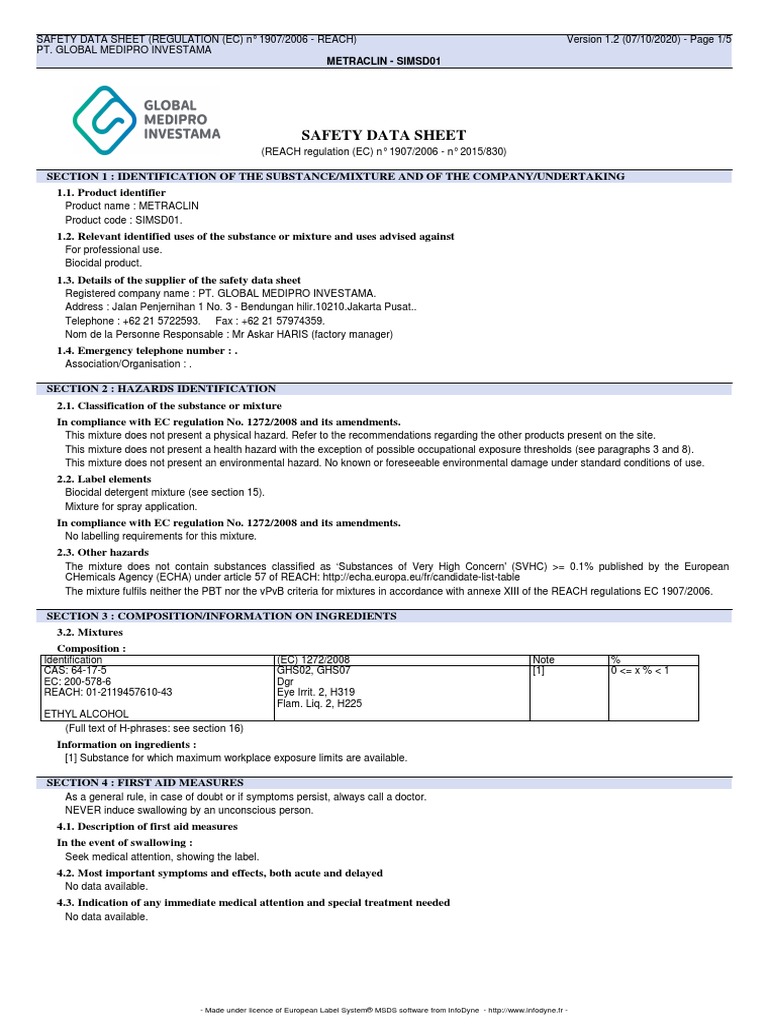 Safety Data Sheet: Metraclin - Simsd01 | PDF | Dangerous Goods | Materials