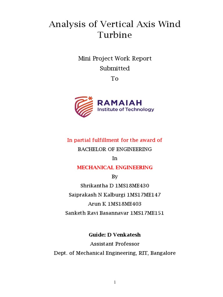 Analysis of Vertical Axis Wind Turbine: Mini Project Work Report ...