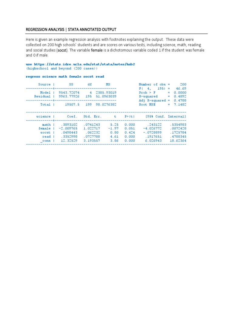 Regression Analysis - Stata Annotated Output: Use Https://stats - Idre.ucla - Edu/stat/stata ...