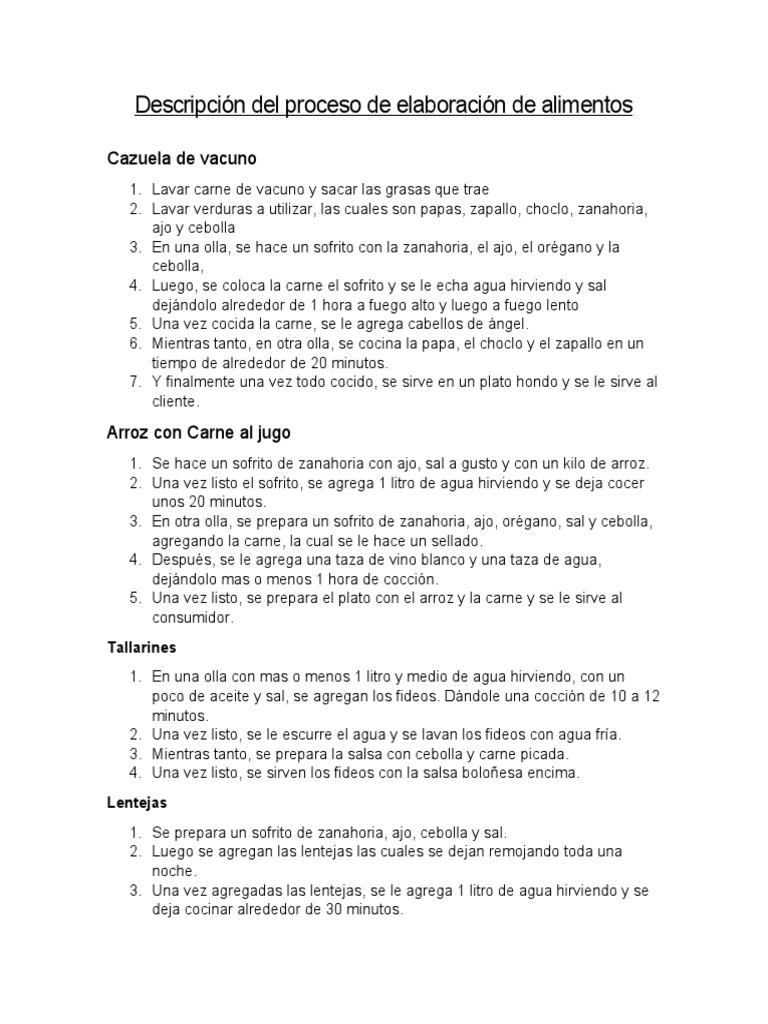 Descripción Del Proceso de Elaboración de Alimentos | PDF