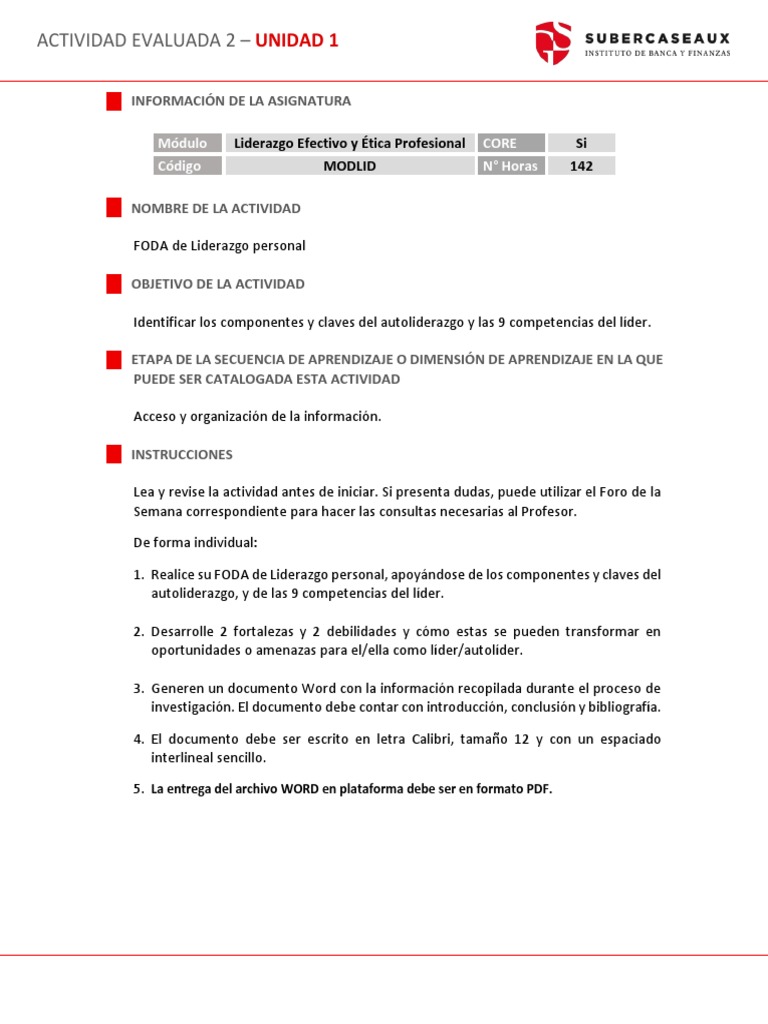 Actividad Evaluada 2 - FODA de Liderazgo Personal | PDF | Evaluación | Ciencia cognitiva