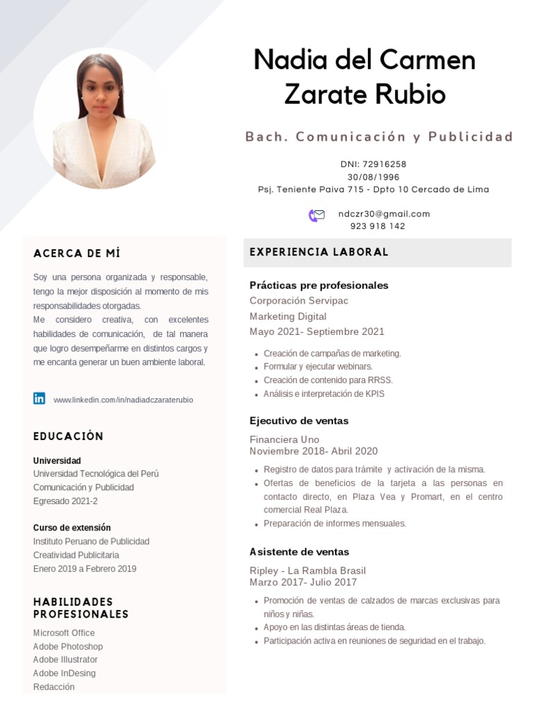 Nadia Zarate R CV | PDF | Publicidad