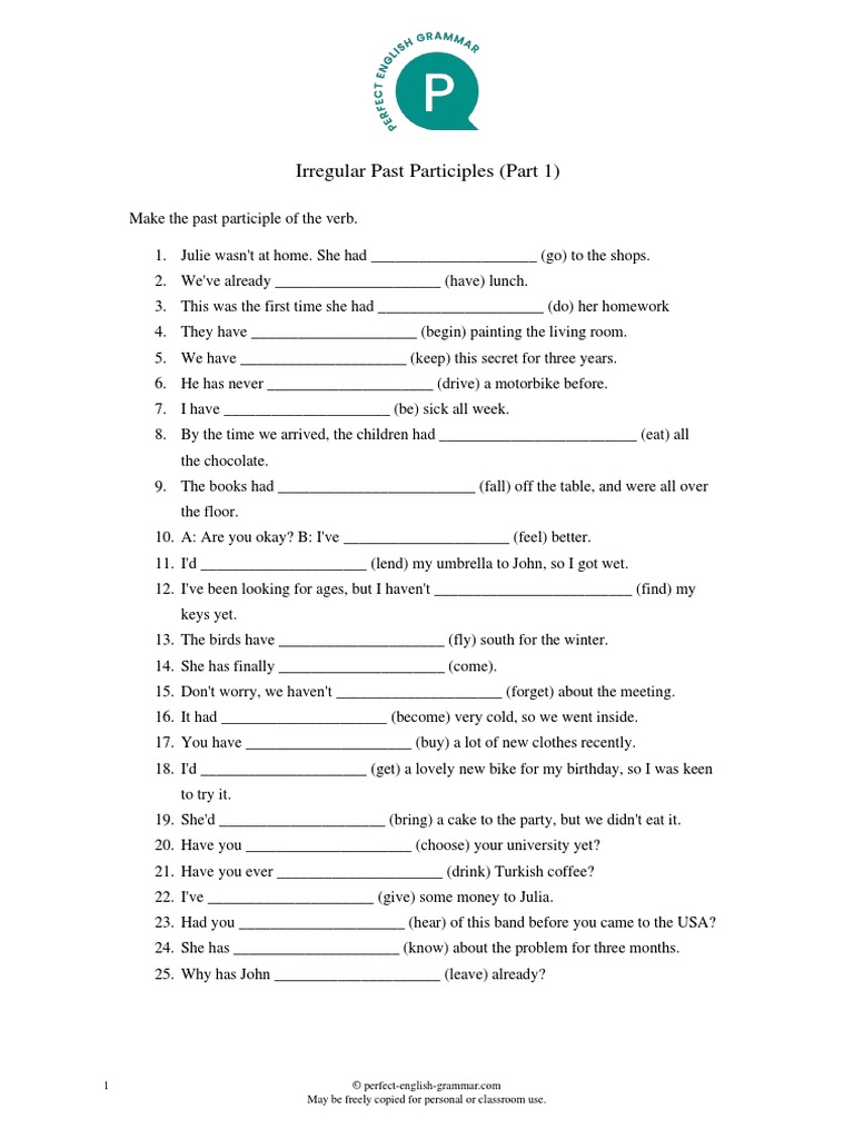 50 Irregular Verbs Past Participle Part 1 | PDF
