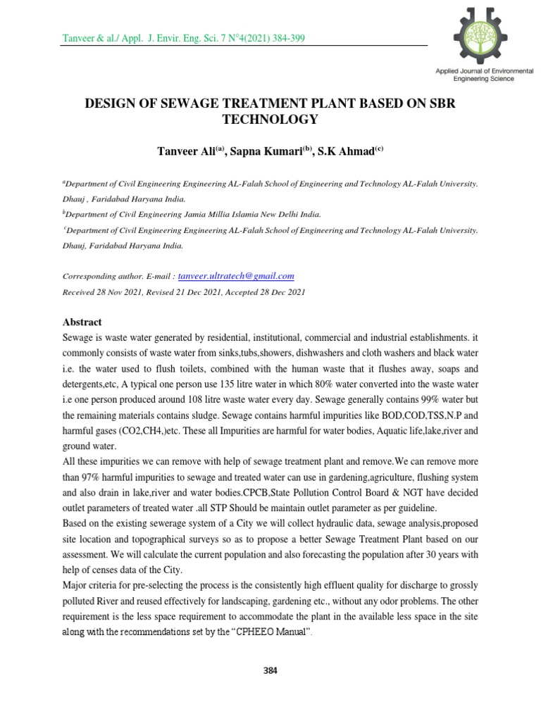 Design of Sewage Treatment Plant Based On SBR Technology: Tanveer Ali ...