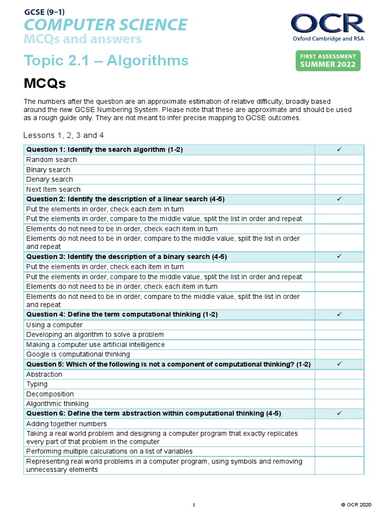 Computer Science: Topic 2.1 - Algorithms | PDF | Algorithms | Optical Character Recognition