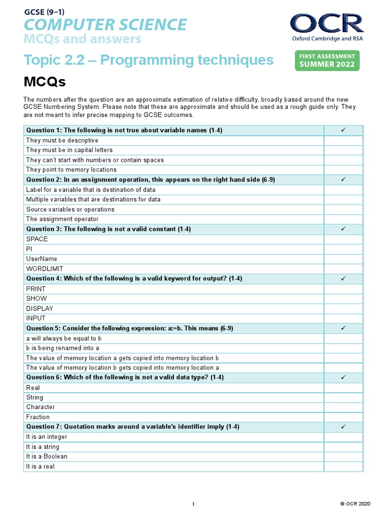 Computer Science: Topic 2.2 - Programming Techniques | PDF | Boolean Data Type | Data Type
