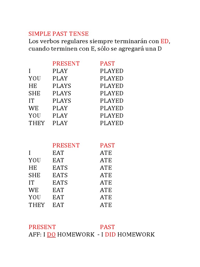 Simple Past Tense ED Present Past | PDF