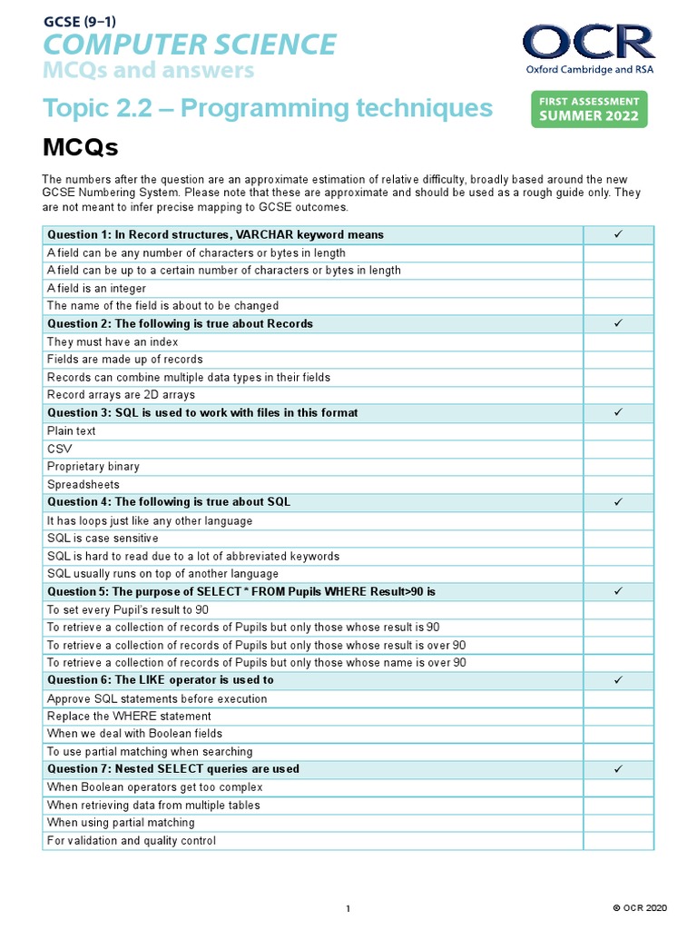 Computer Science: Topic 2.2 - Programming Techniques | PDF | Array Data Structure | Boolean Data ...