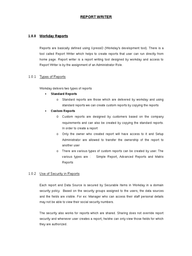 1 0 0 Workday Reports Report Writer Pdf Object Computer Science