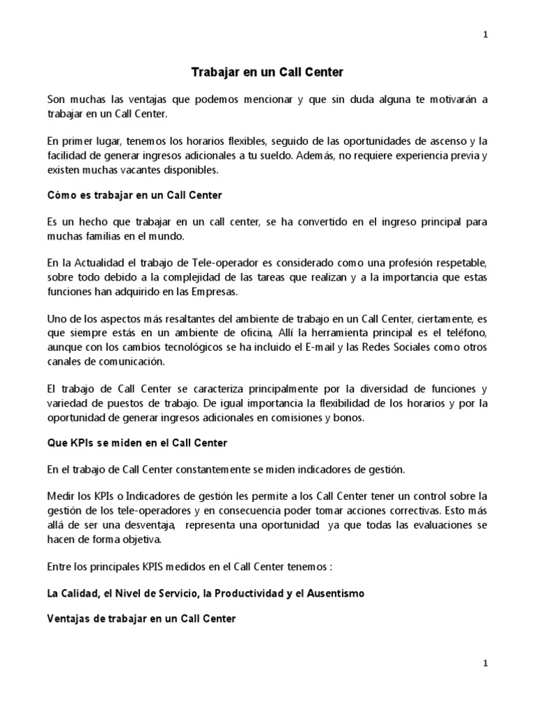 Trabajar en Un Call Center | PDF | Centro de llamadas | Business Trabajar en Un Call Center | PDF | Centro de llamadas | Business