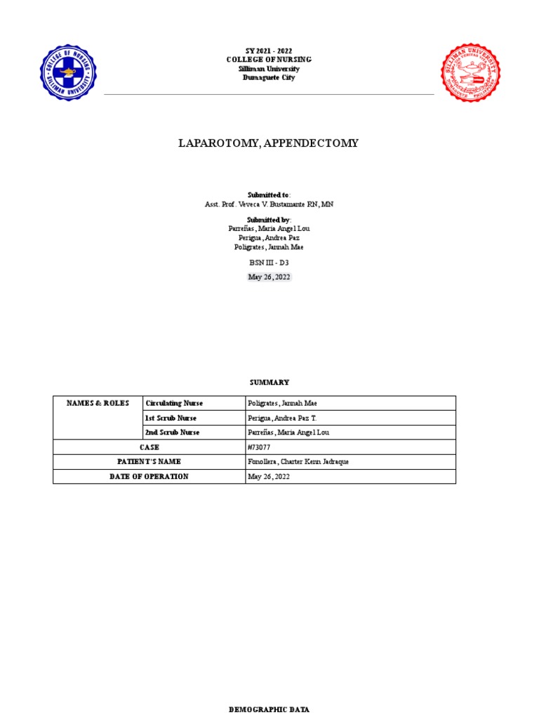 (NCM 54 OR RLE) Laparotomy, Appendectomy | PDF | Surgery | Wound