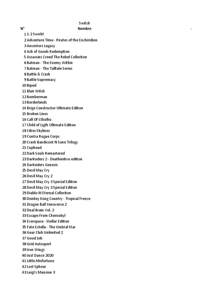 Nintendo Switch Game List 2022 | PDF | Video Games | Video Game Franchises