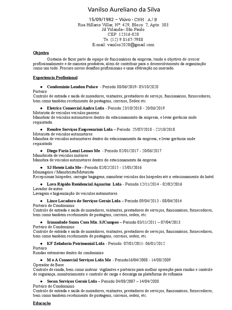 Currículo de Vanilso Aureliano | PDF | Acomodações