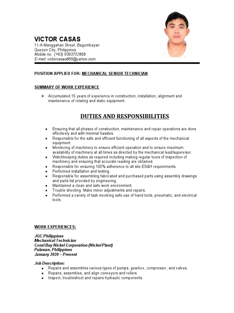 Mechanical Senior Technician Resume | PDF | Pump | Gas Turbine