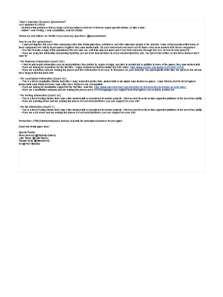 Alan's Gamedev Resources Sheet (Public) | PDF