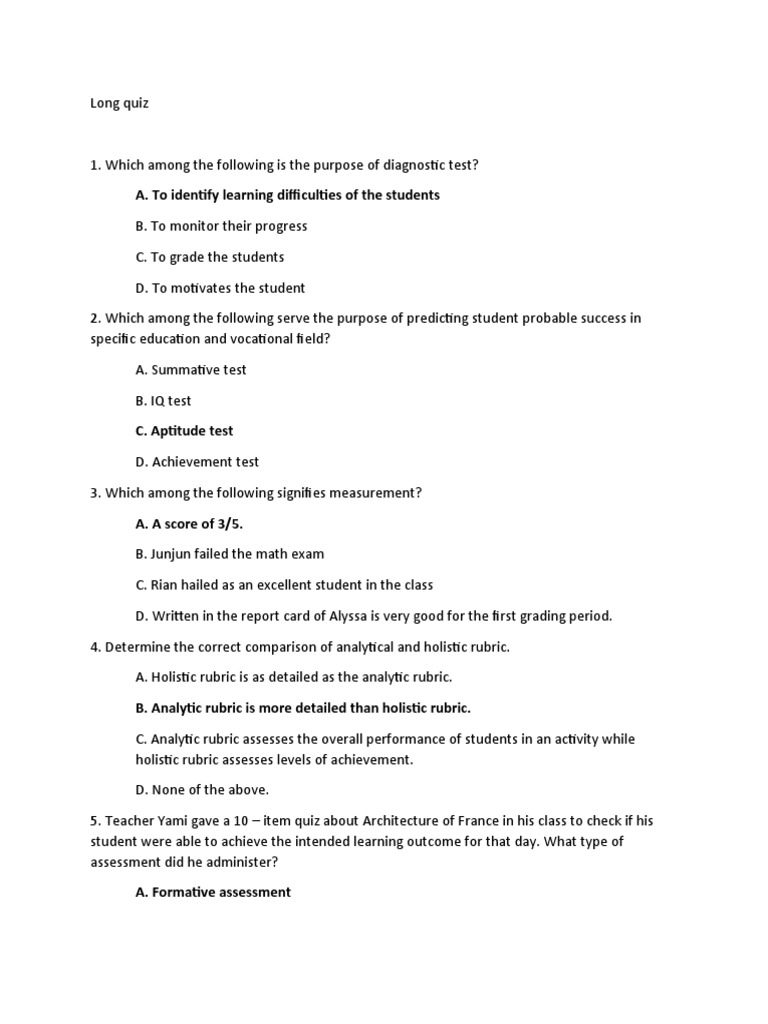 Long Quiz | PDF | Educational Assessment | Rubric (Academic)