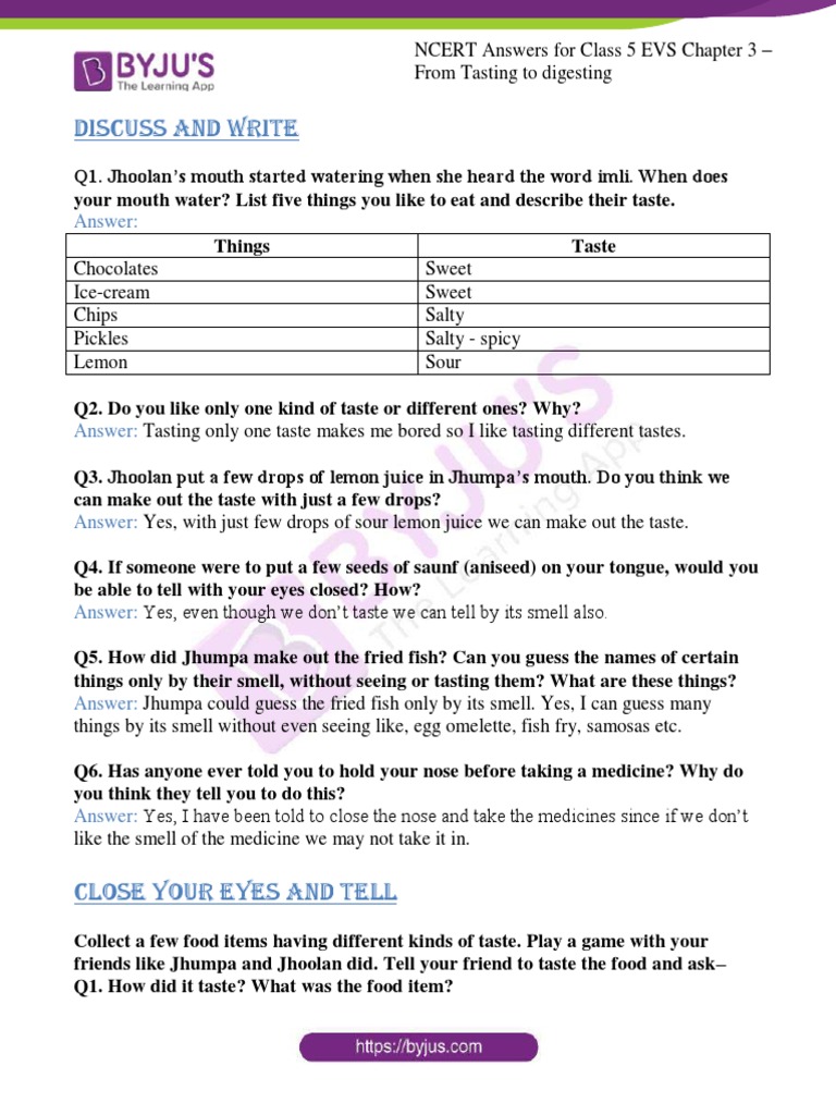 Ncert Ans Class 5 Evs ch3 From Tasting To Digesting | PDF | Taste | Digestion