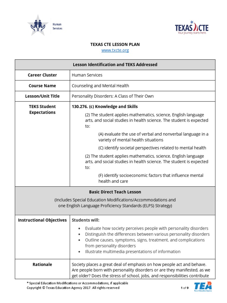 Lesson Plan Personality Disorders A Class of Their Own - 0 | PDF ...