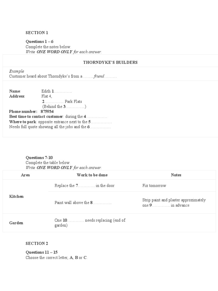 Section 1 Questions 1 - 6: Write ONE WORD ONLY For Each Answer | PDF