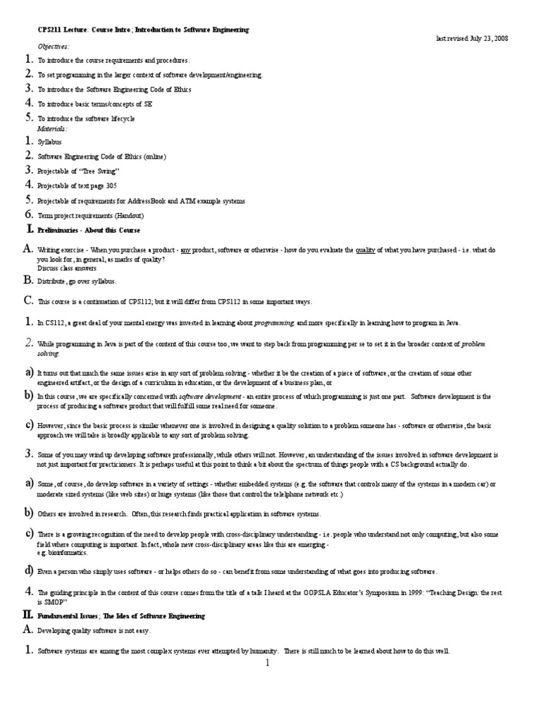 Objectives:: CPS211 Lecture: Course Intro Introduction To Software Engineering | PDF | Unified ...