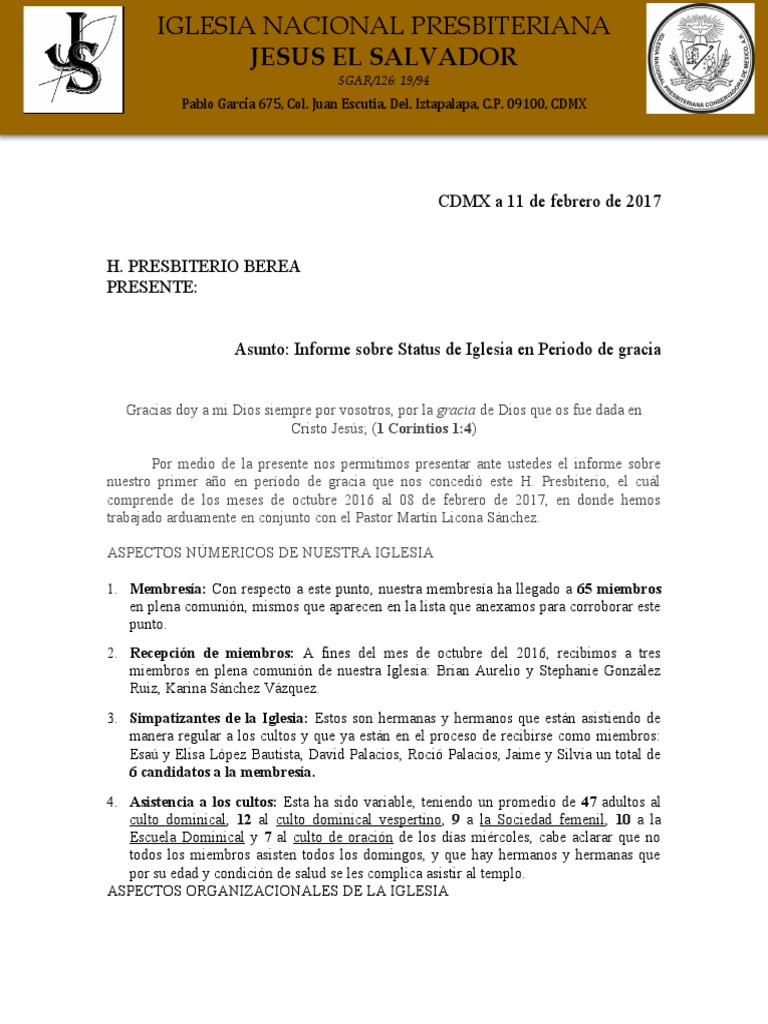 Informe sobre el progreso de la Iglesia Nacional Presbiteriana Jesús el Salvador durante su ...
