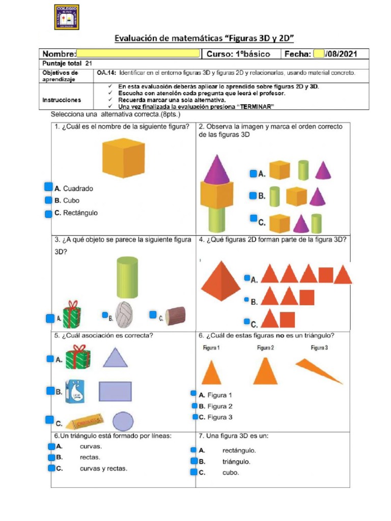 Evaluación de Matemática Figuras 2D y 3D | PDF