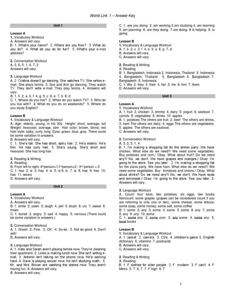 World Link 1: - Answer Key | PDF | Cost Of Living | Adjective