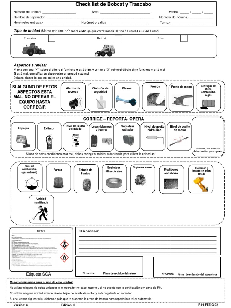 Check List de Bobcat y Trascabo | PDF | Transporte | Coche