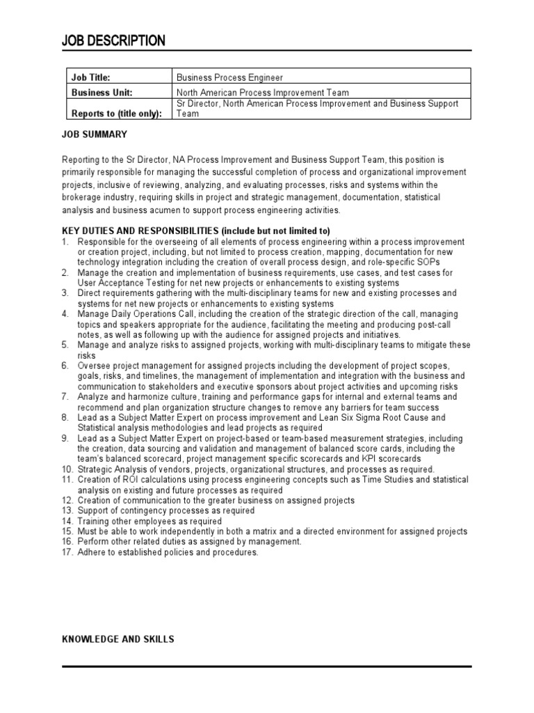 Business Process Engineer - Job Description | PDF | Project Management ... Business Process Engineer - Job Description | PDF | Project Management ...